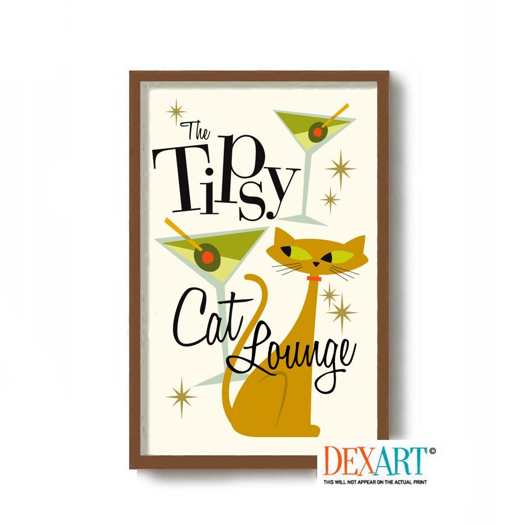 Atomic Cat Art Print, Mid Century Modern Cocktail Bar, Yellow Ginger ...