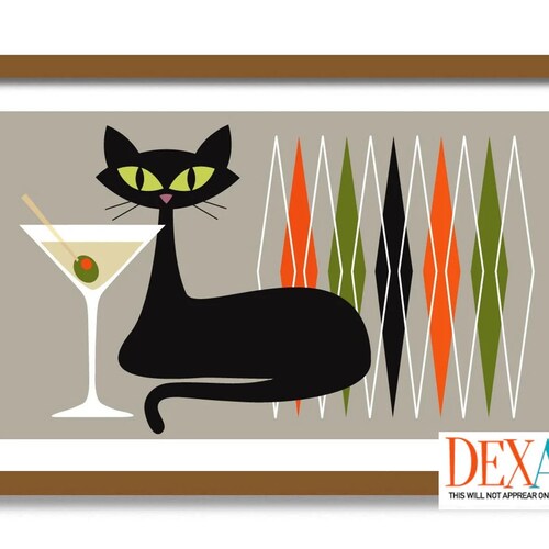 Mid Century Modern Art Black Cat Art Print Martini Art Gin - Etsy