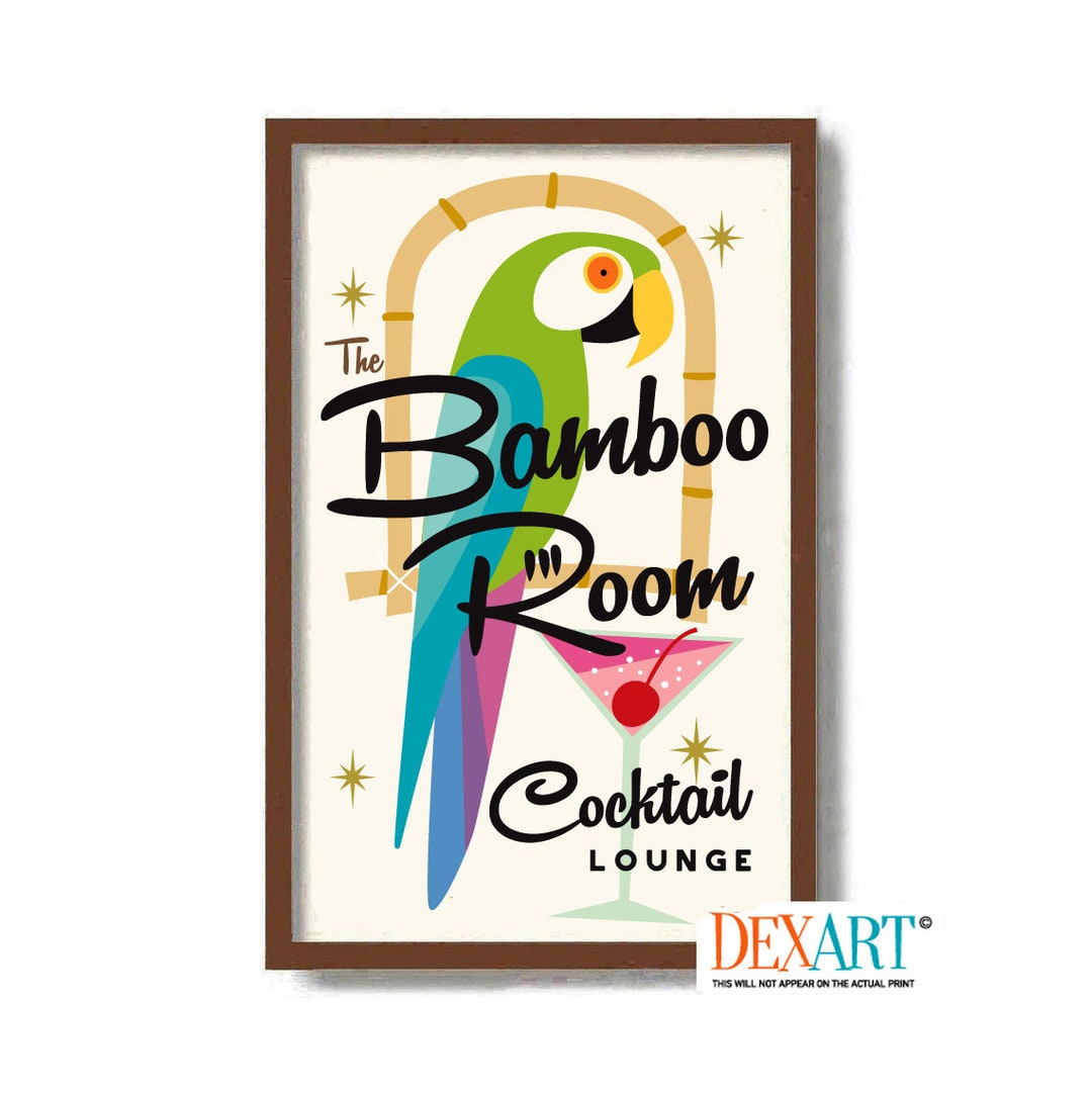 Parrot Art Print Tiki Sign, Bamboo Decor, Mid Century Modern Wall Art ...