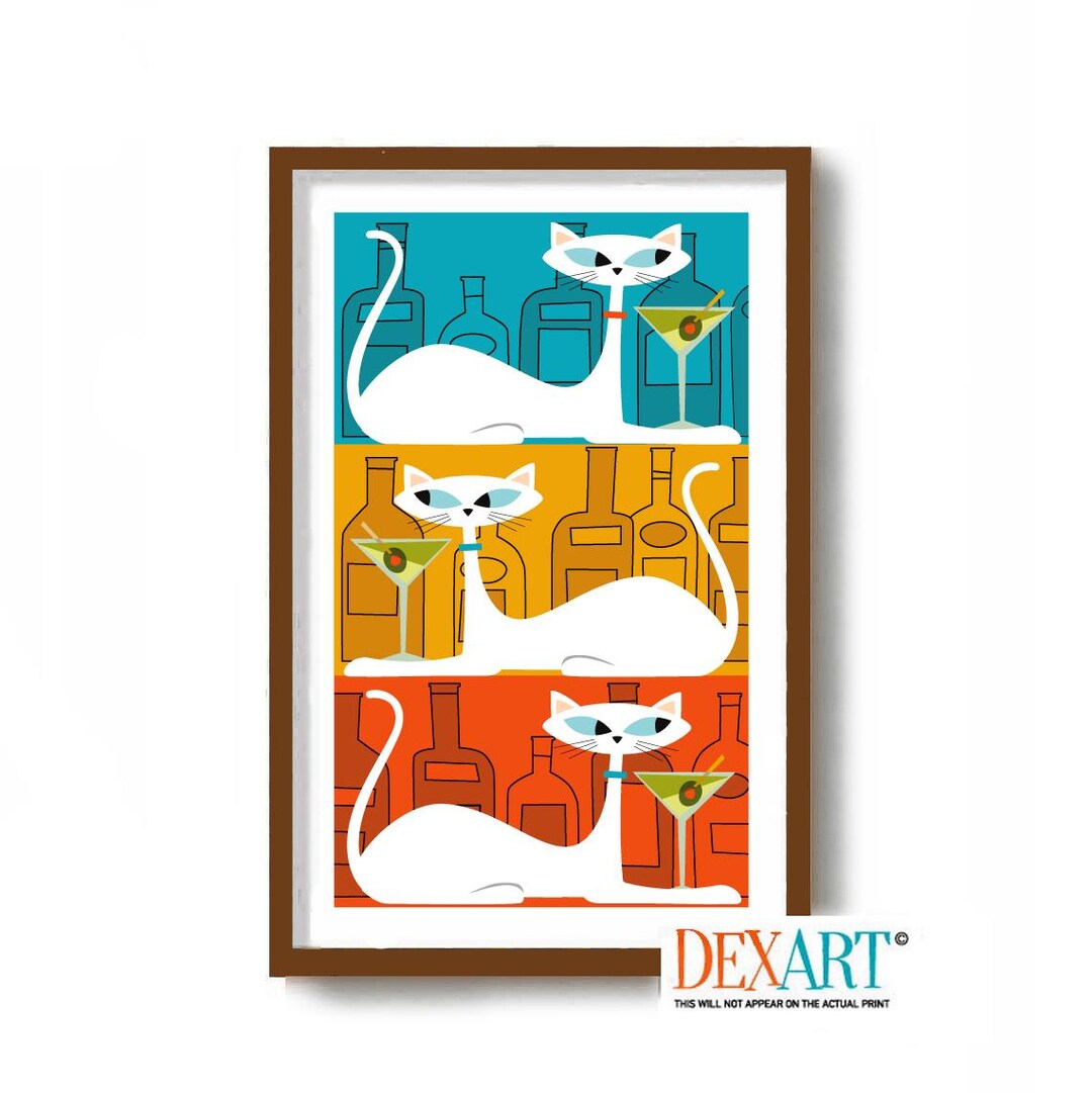 Mid Century Modern Cat Cocktail Bar Wall Art Print, Booze Alcohol ...
