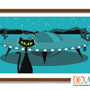 Atomic Space Cat Art Print, Mid Century Modern Art, Roswell UFO, Flying ...