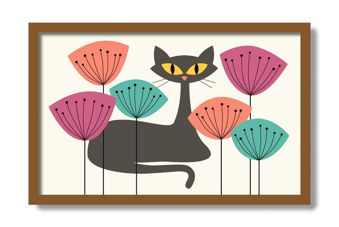 Mid Century Modern Cat Art Print, Cat Lover Gift, Grey Tabby Cat Art ...