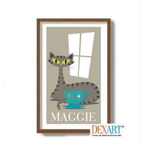 Personalized Cat Gift, Grey Tabby Cat Art Print, Mid Century Modern ...