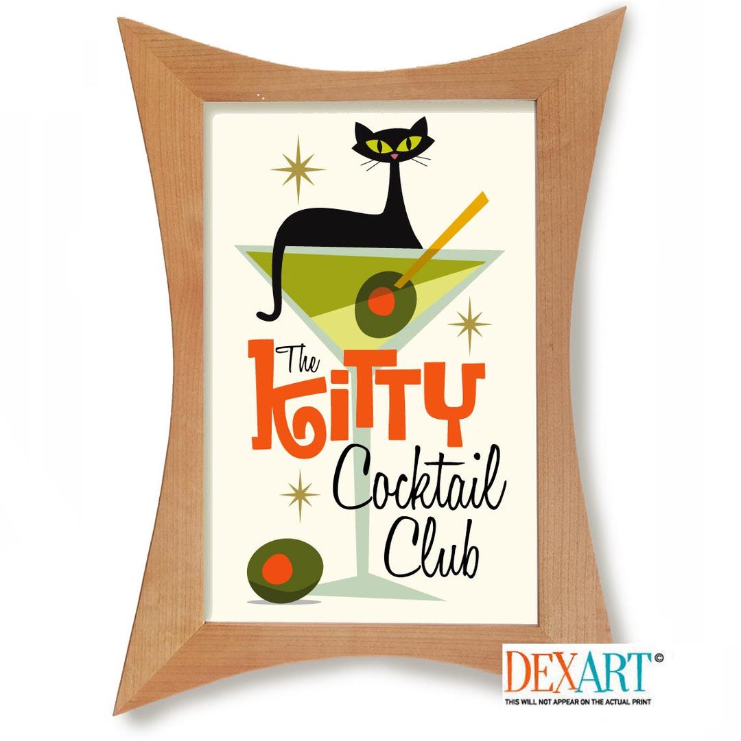 Mid Century Modern Cat Cocktail Wall Art Print, Cocktail Bar Sign ...