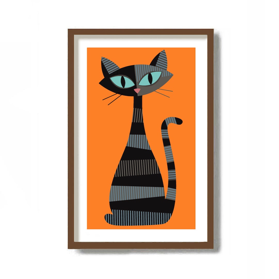 Mid Century Modern Cat Art, Black Cat Wall Art Decor Print Tabby Cat ...