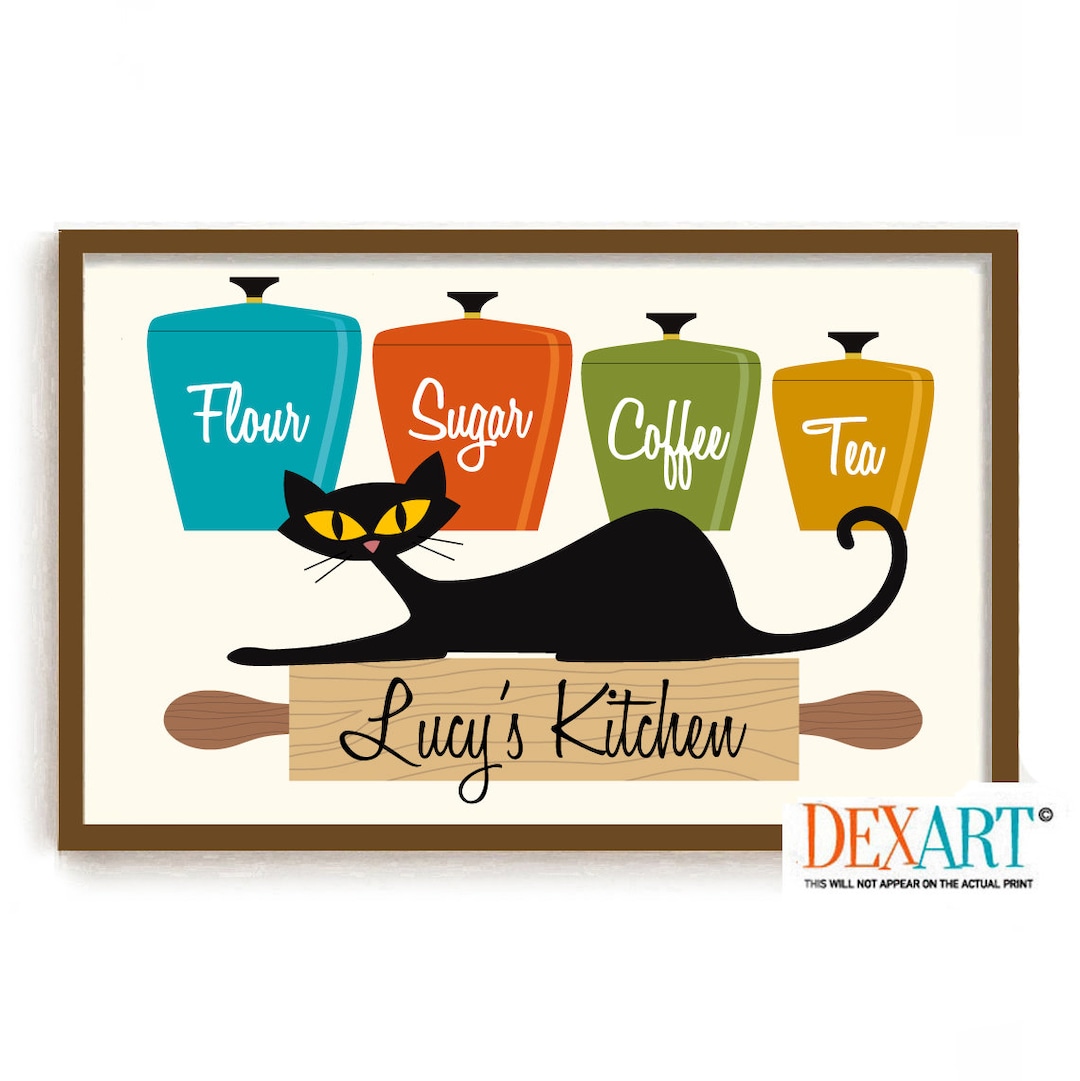 Personalized Mid Century Modern Black Cat Kitchen Wall Art Print ...