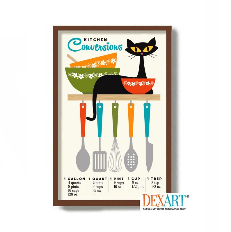 Kitchen Conversion Chart, Mid Century Modern Art Print, Black Cat Art ...