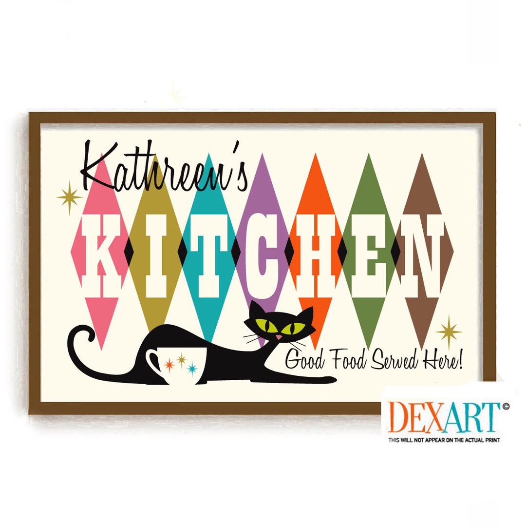 Personalized Mid Century Modern Kitchen Cat Art Print, Atomic Black Cat ...