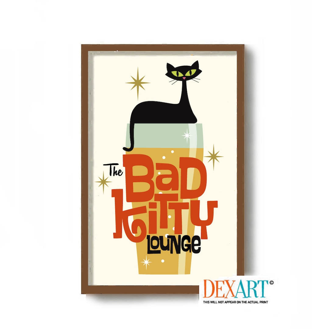 Mid Century Modern Atomic Cocktail Bar Wall Art, Black Cat Art Print ...
