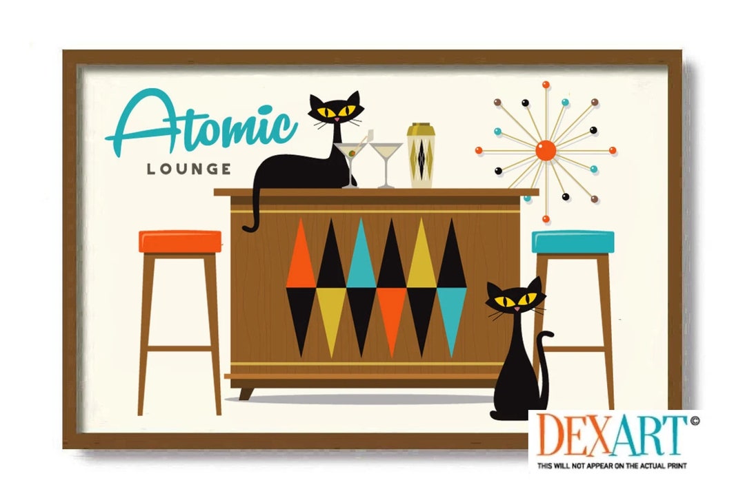 Atomic Cat Decor Art Print Mid Century Modern Cocktail Bar - Etsy