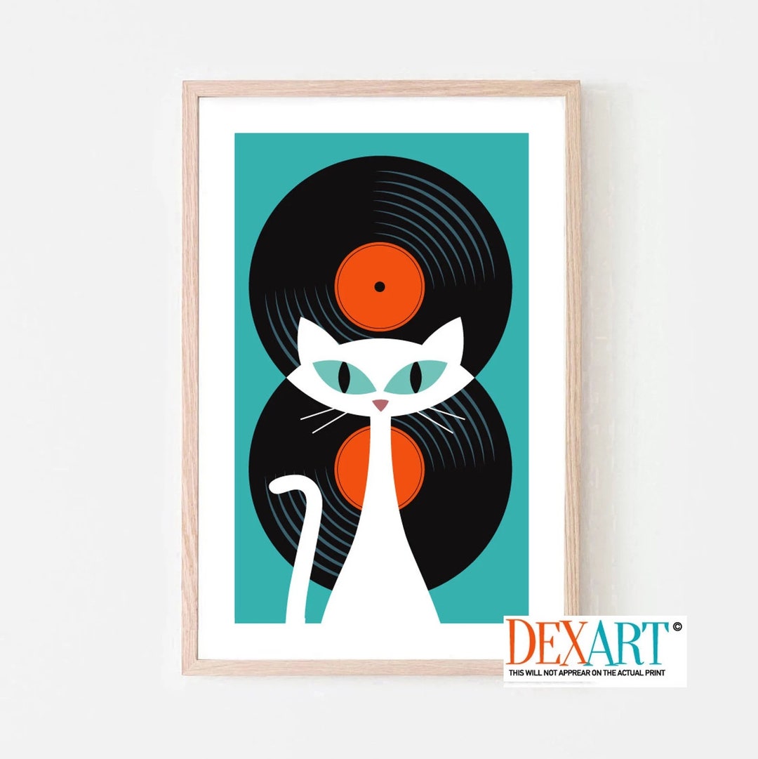 White Cat Art Print, Rock Music Poster, Mid Century Modern Print ...