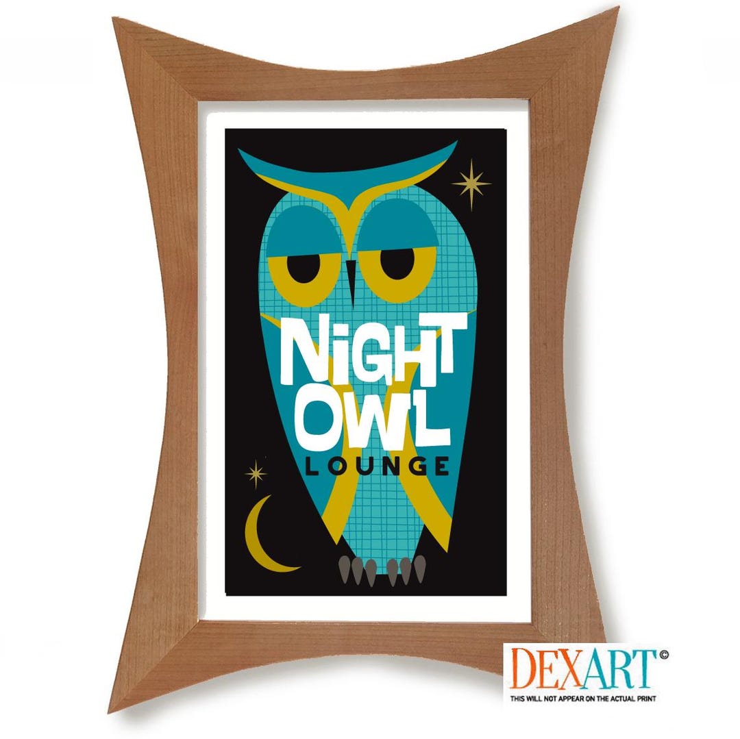 Owl Art Print, Mid Century Modern Atomic Cocktail Bar Wall Art, Night ...