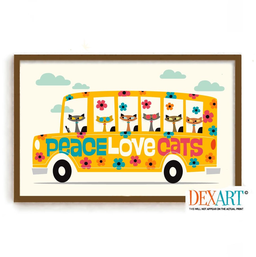 Hippie Bus Cat Art Print, School Bus, RV Camper Bus, Woodstock, Tabby ...