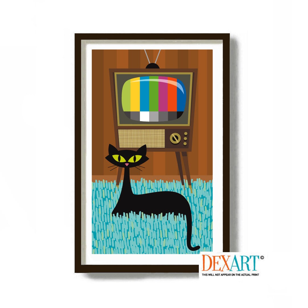 Mid Century Modern Cat Art Print, Atomic Black Cat, Shag Rug, Vintage ...