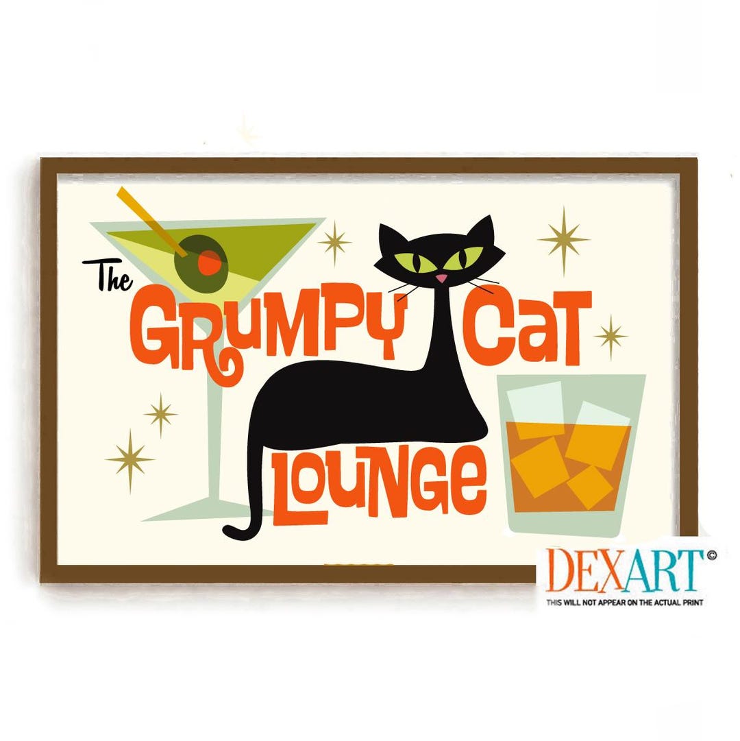 Mid Century Modern Atomic Cat Art Print, Cocktail Bar Wall Decor ...