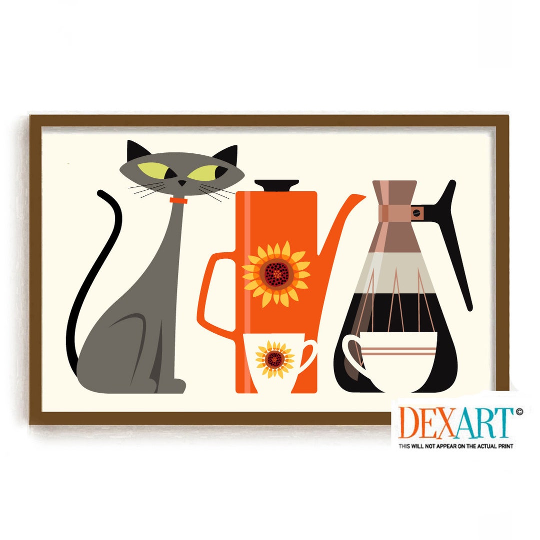 Mid Century Modern Cat and Coffee Art Print, Wall Art, Gray Cat Art ...