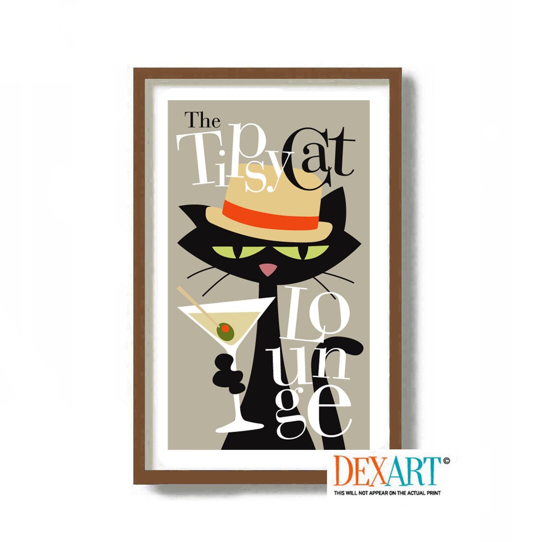 Black Cat Art Martini Print, Cat Lover Gift, Mid Century Modern Art ...