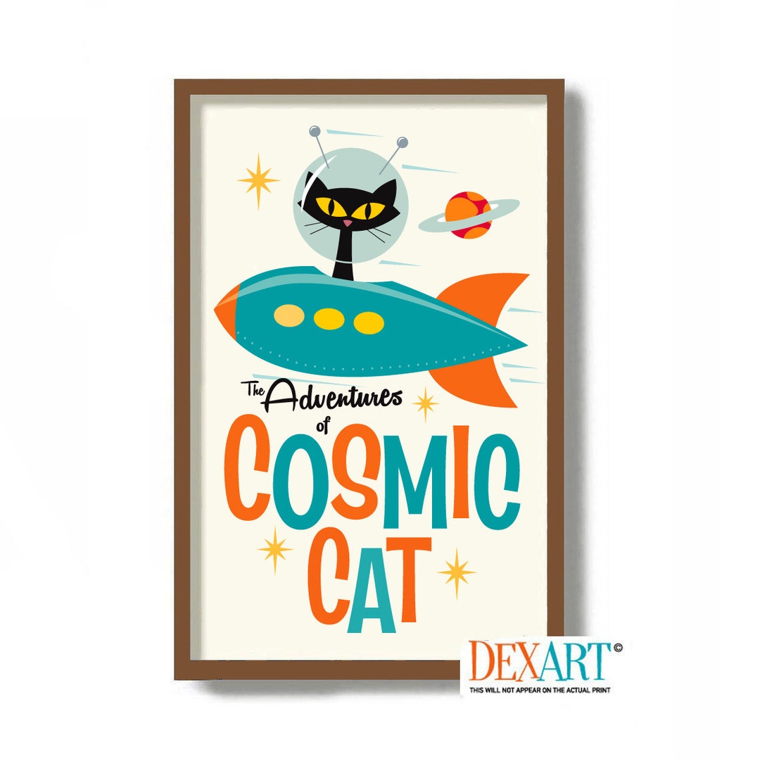 Atomic Space Cat Art Print, Mid Century Modern Art, Roswell UFO, Rocket ...