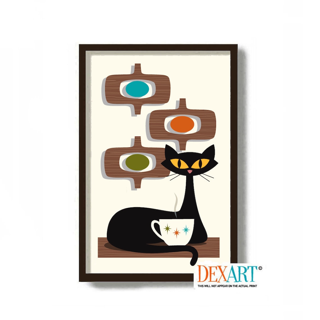Mid Century Modern Cat and Kitchen Art Print, Wall Art, Black Cat Lover ...