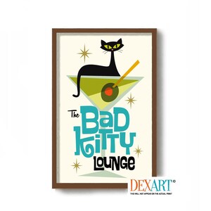 Mid Century Modern Atomic Cat Cocktail Martini Bar Wall Art, Black Cat ...