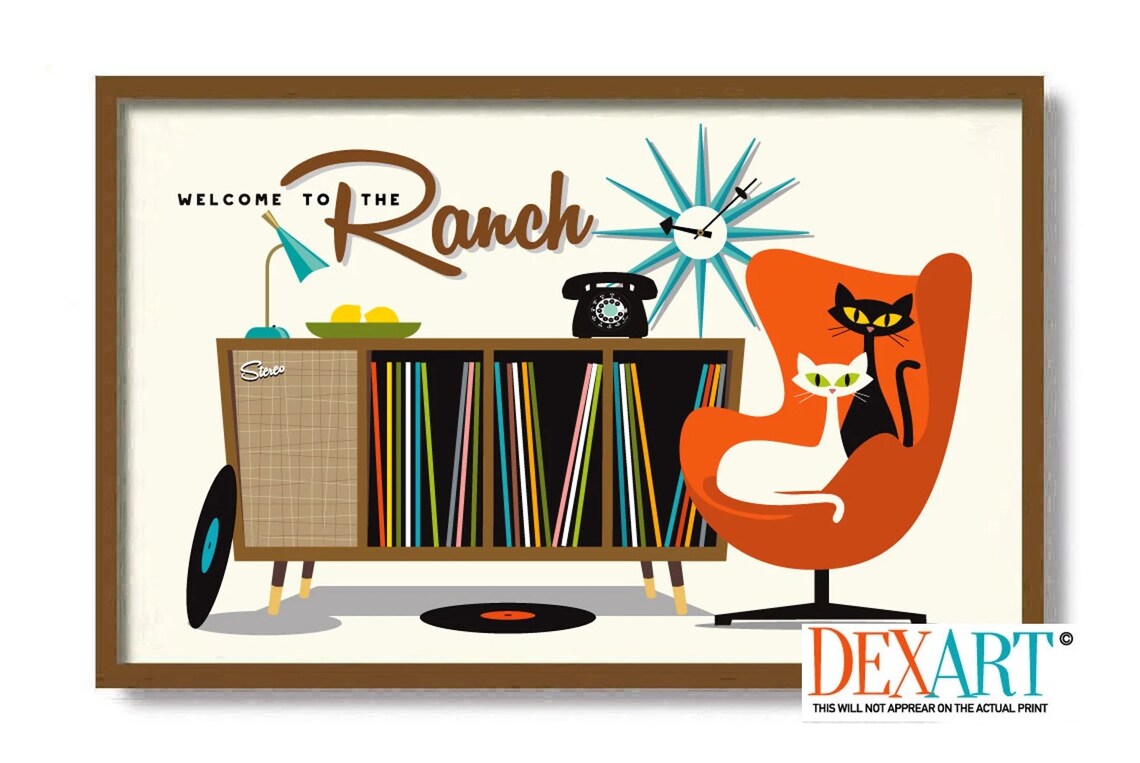 Mid Century Modern Ranch House Wall Art Print Atomic Cat | Etsy
