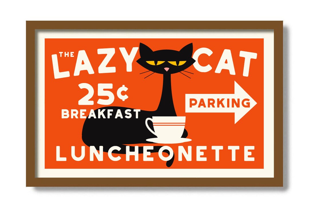 Cafe Sign, Black Cat Sign, Kitchen Art Print, Restaurant Decor, Mid ...