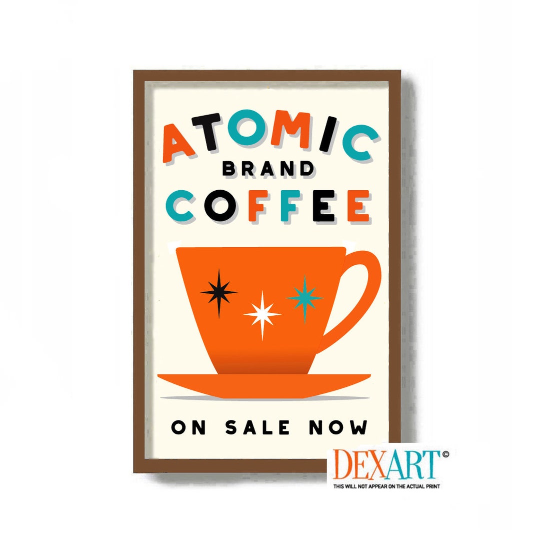 Mid Century Modern Coffee Kitchen Wall Art Print, Atomic Art Coffee Cup ...