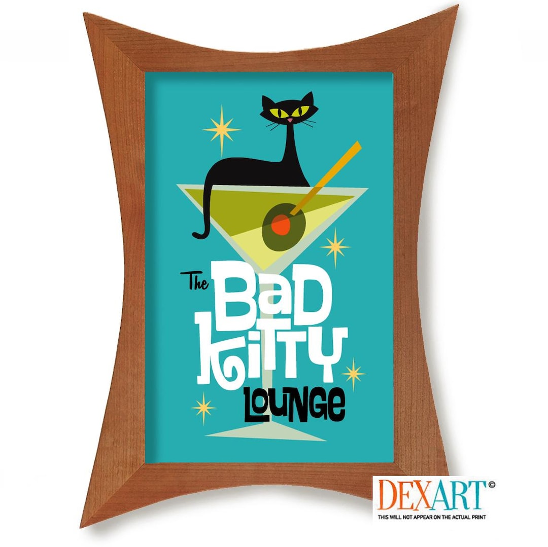 Mid Century Modern Atomic Cat Cocktail Bar Wall Art, Black Cat Art ...