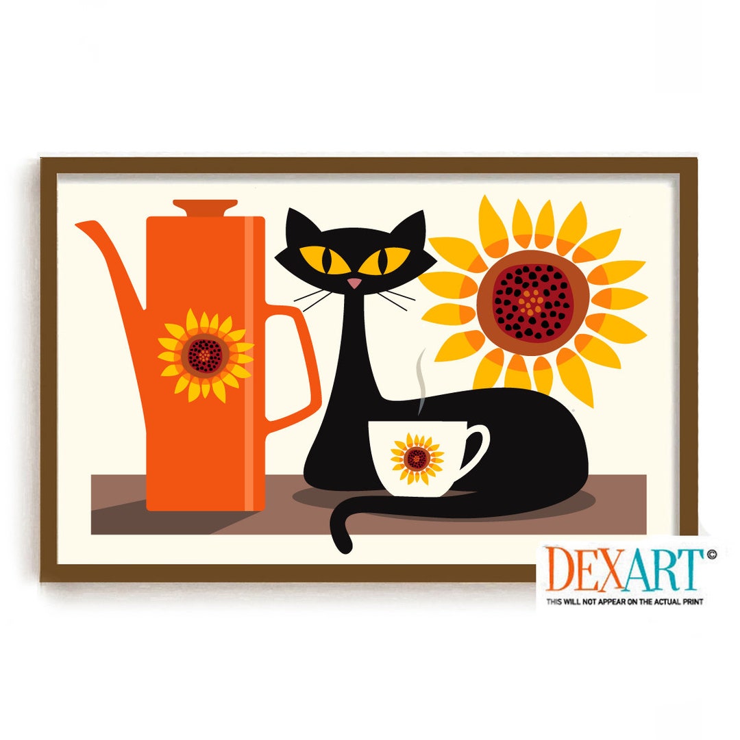 Mid Century Modern Cat and Kitchen Art Print, Sunflower Decor Wall Art ...