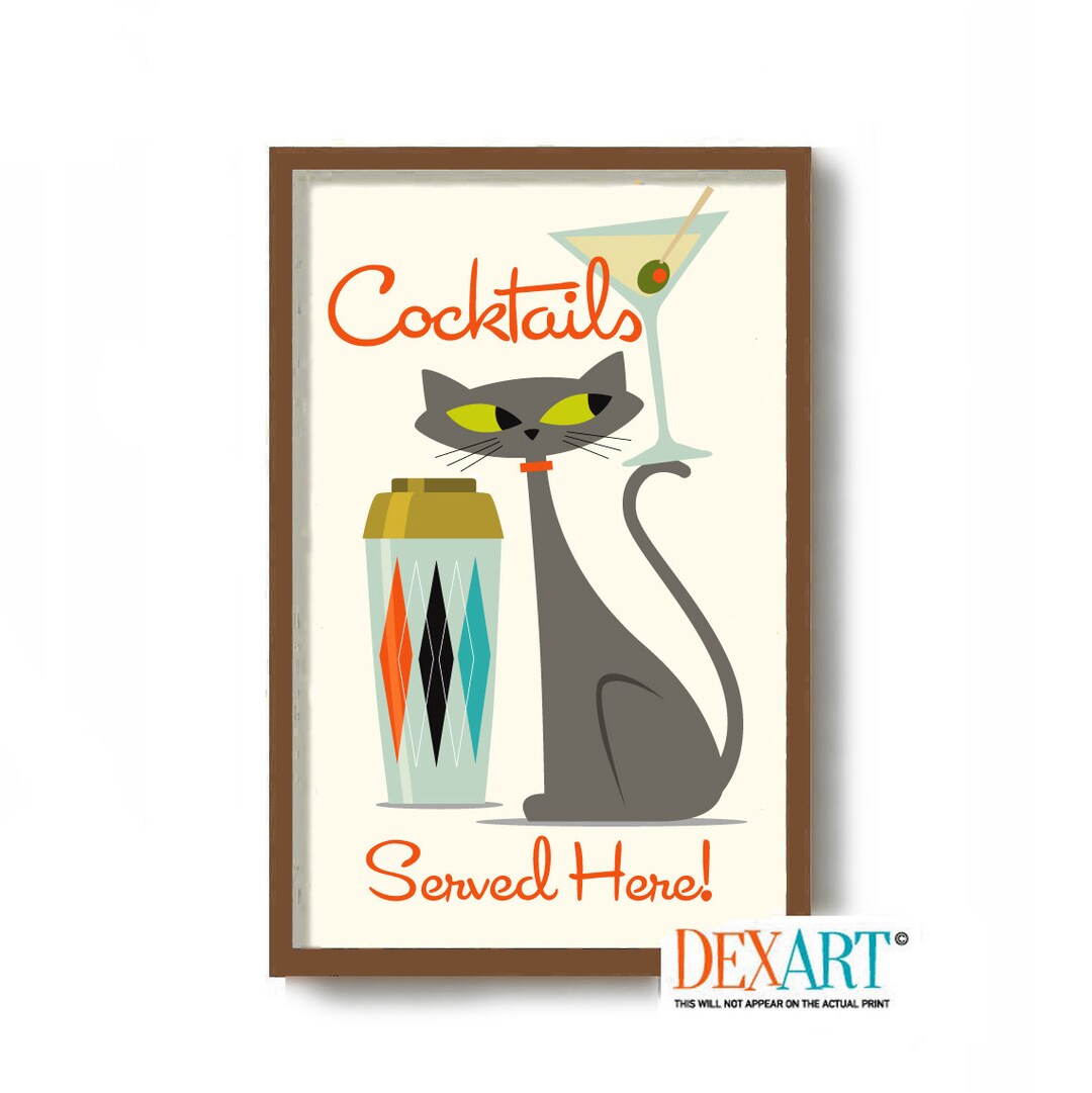 Gray Cat Art Print, Mid Century Modern Atomic Cat Cocktail Bar Wall Art ...