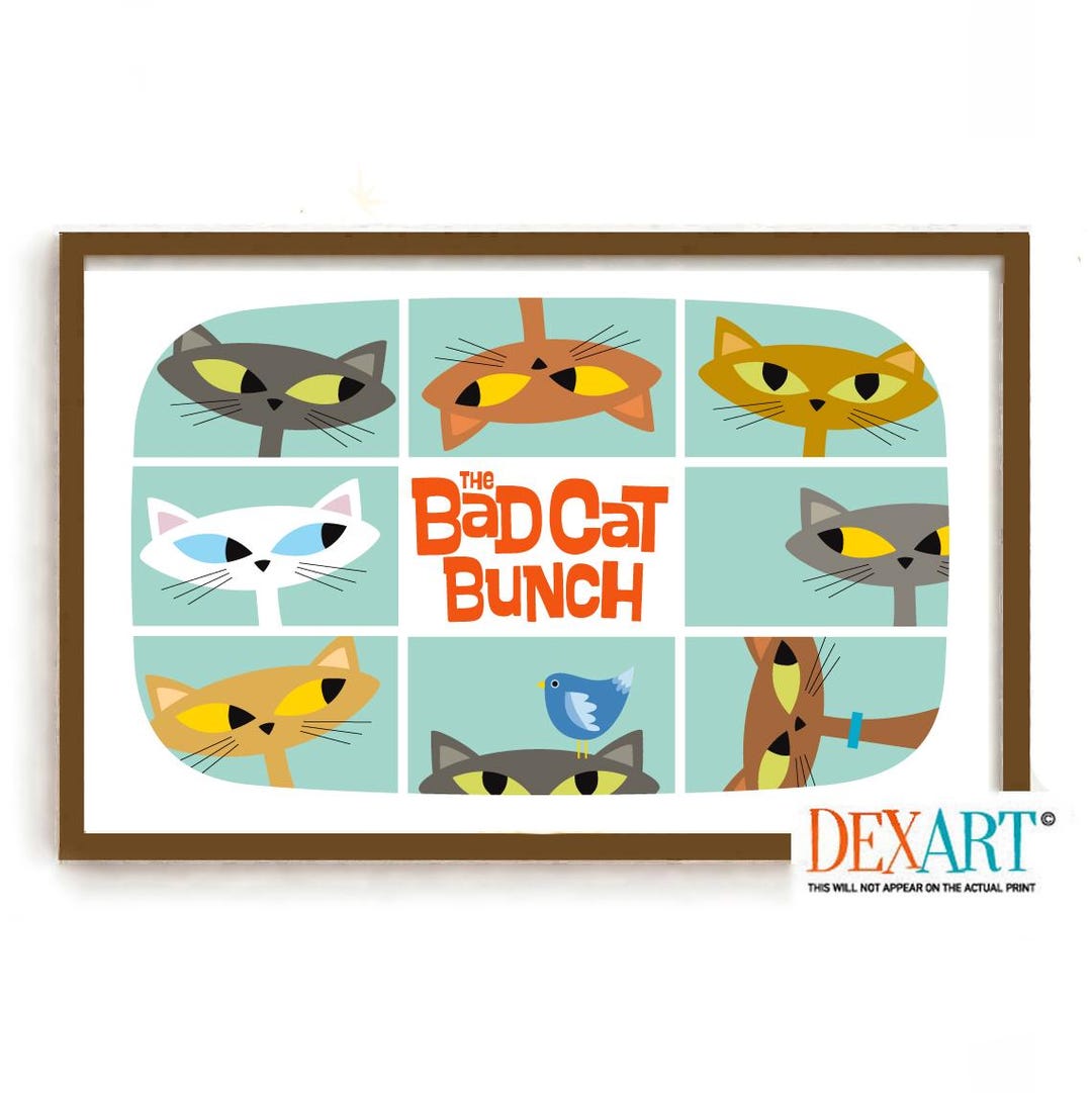 Funny Cat Art Print, Bad Cat Bunch, Family of Cats, Retro TV Show, Mid ...