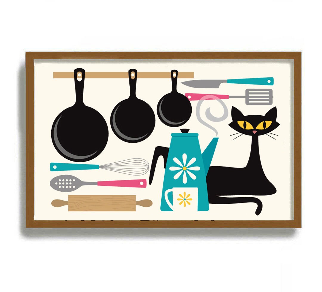 11x17 Black Cat Art Print, Mid Century Modern Wall Art, Retro Kitchen ...
