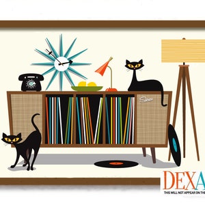 Mid Century Modern Black Cat Art Print, Black Cat Lover Gift, Atomic ...