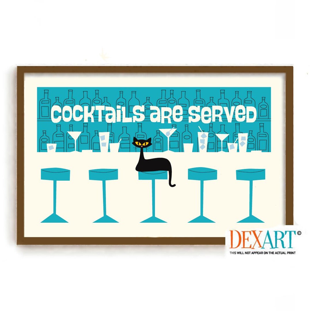 Mid Century Modern Cocktail Bar Wall Art Print, Atomic Black Cat Art ...