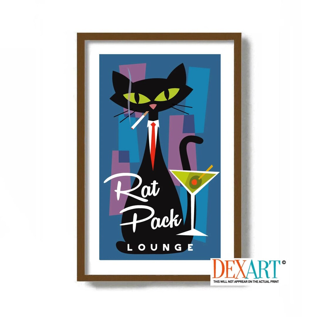 Rat Pack Decor, Mid Century Modern Cat Art, Cat Poster, Black Cat Art ...