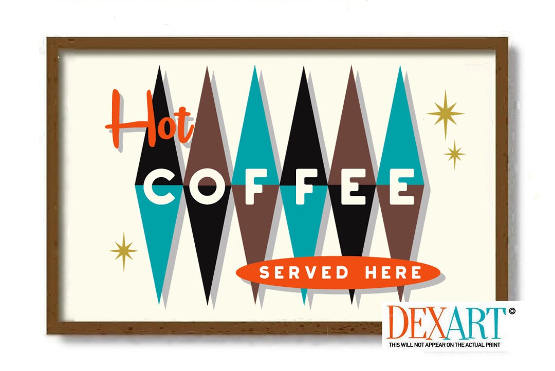 Mid Century Modern Kitchen Art Print, Retro Coffee Cup, Cafe Sign ...