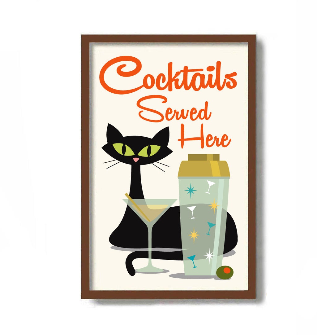 Atomic Cat Art Print, Vintage Cocktail Shaker, Cocktail Sign, Cat Dad ...