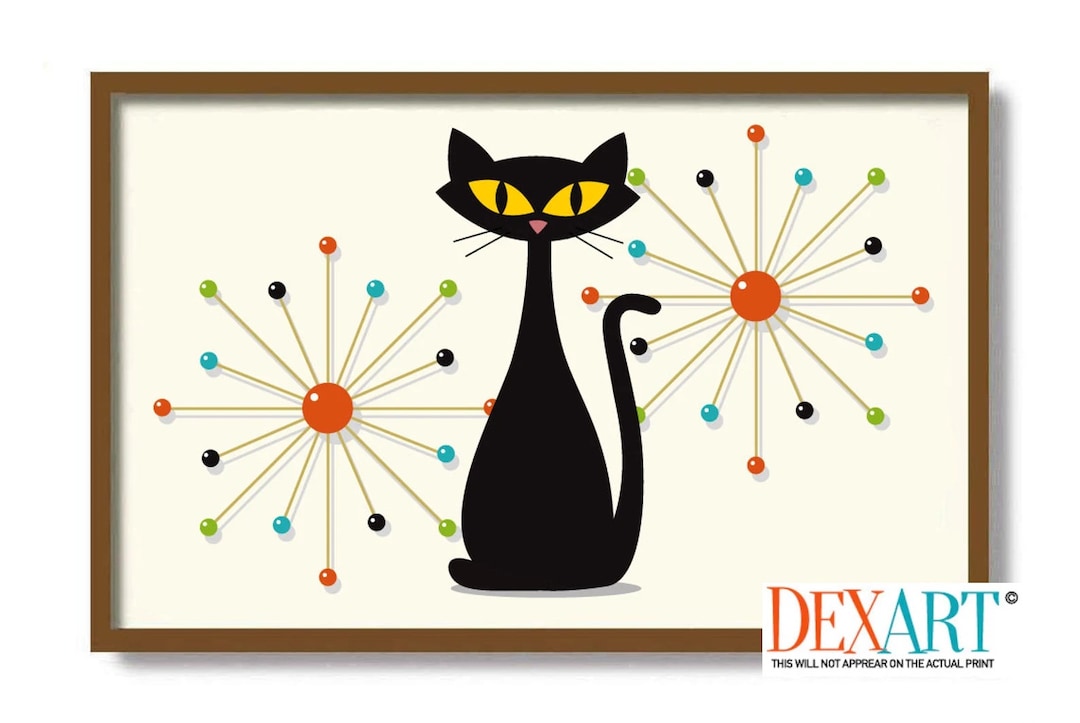 Mid Century Modern Cat Art Print, Retro Cat Wall Art, Black Cat Lover ...