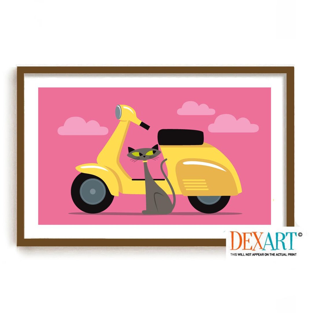 Mid Century Modern Cat on Vespa Art Print, Motor Scooter, Gray Tabby ...