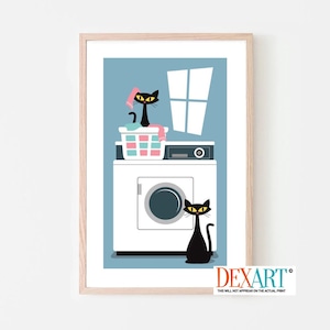 Cat Art Print, Laundry Room Decor, Mid Century Modern Wall Art, Laundry ...
