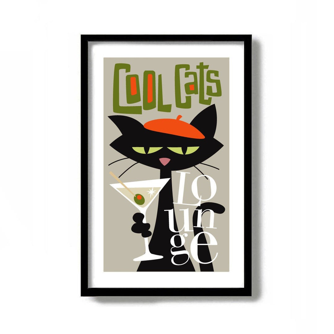 Gin Gifts, Mid Century Modern Art, Black Cat Art Print, Martini Art ...