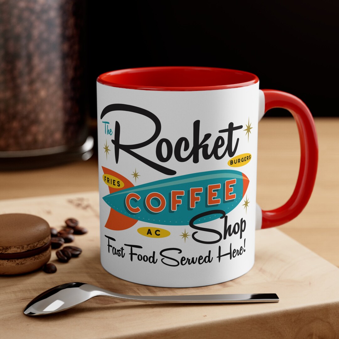 Retro Rocket Coffee Mug, 11oz Cup, Mid Century Modern Kitchen Atomic ...