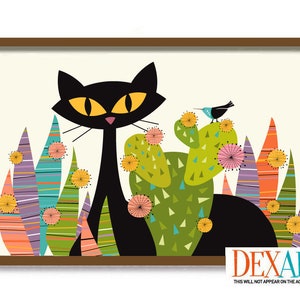 Succulent Decor Cat Art Print, Mid Century Modern Art, Cats and Cactus ...