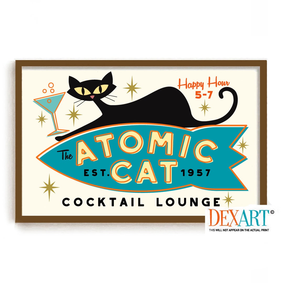 Mid Century Modern Atomic Cocktail Bar Wall Art, Black Cat Art Print ...
