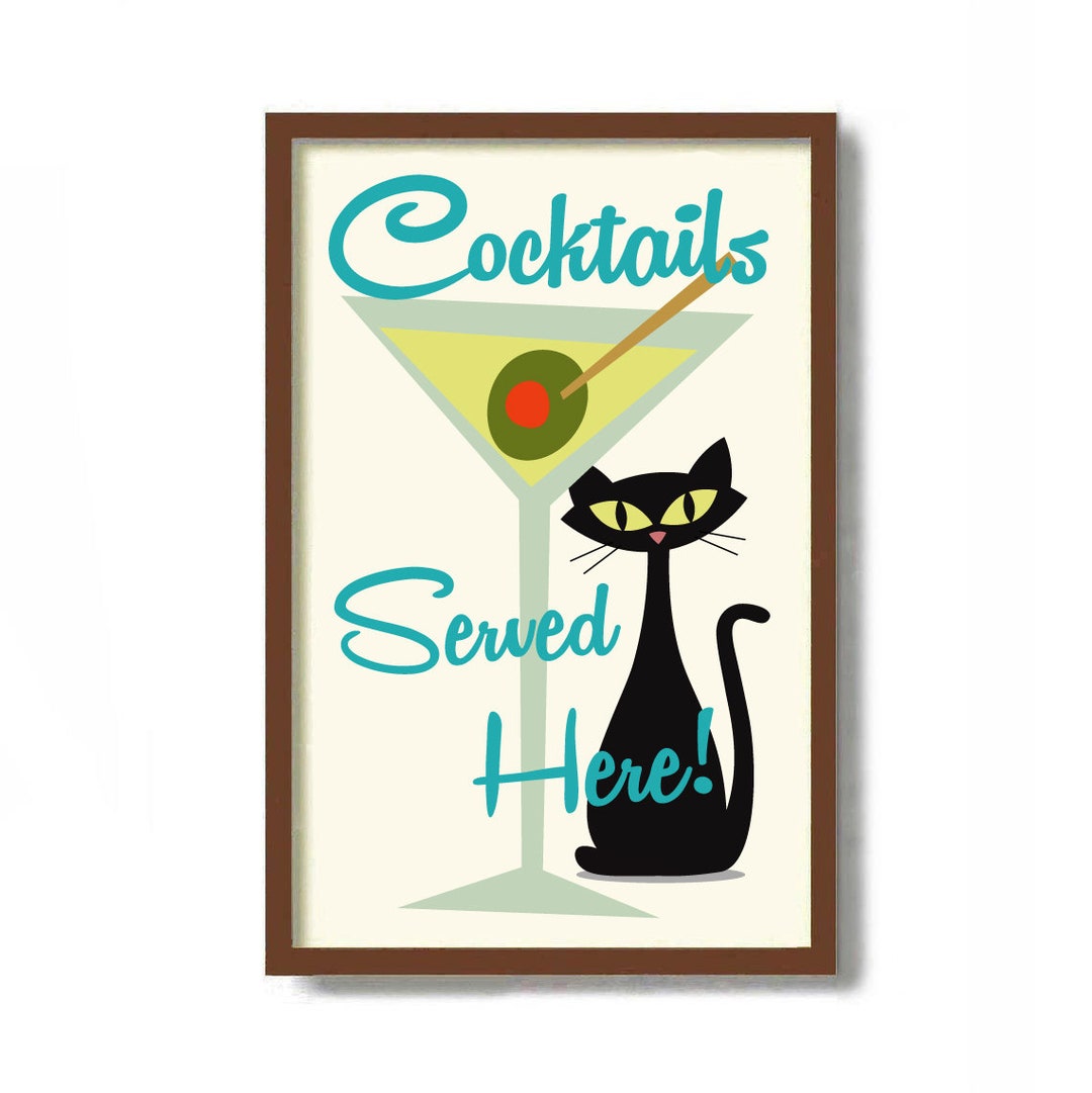 Mid Century Modern Art Print, Cat Lover Gift, Gin Gifts, Black Cat Art ...