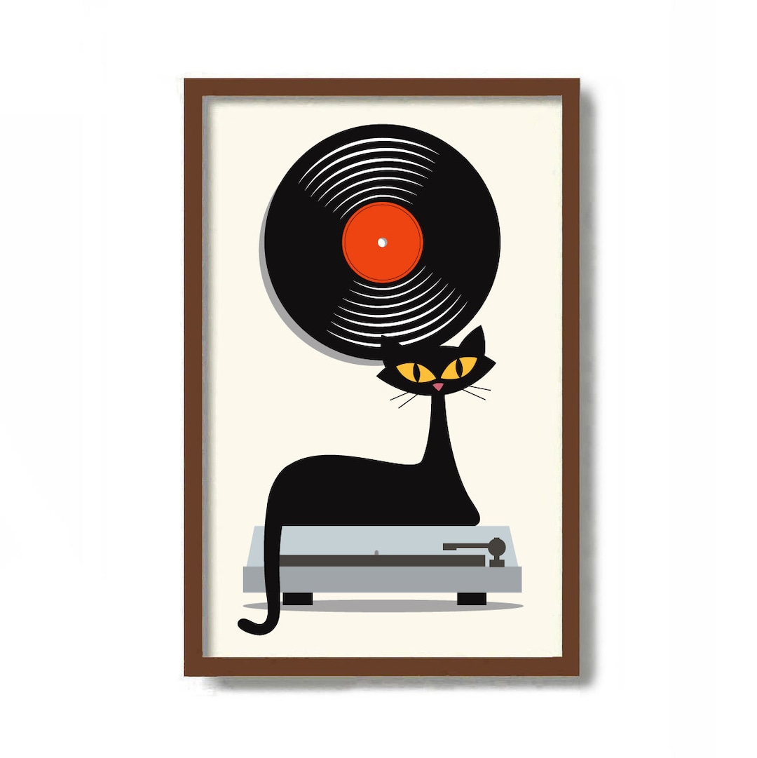 Black Cat and Vinyl Record Art Print, Audiophile Gift, Mid Century ...