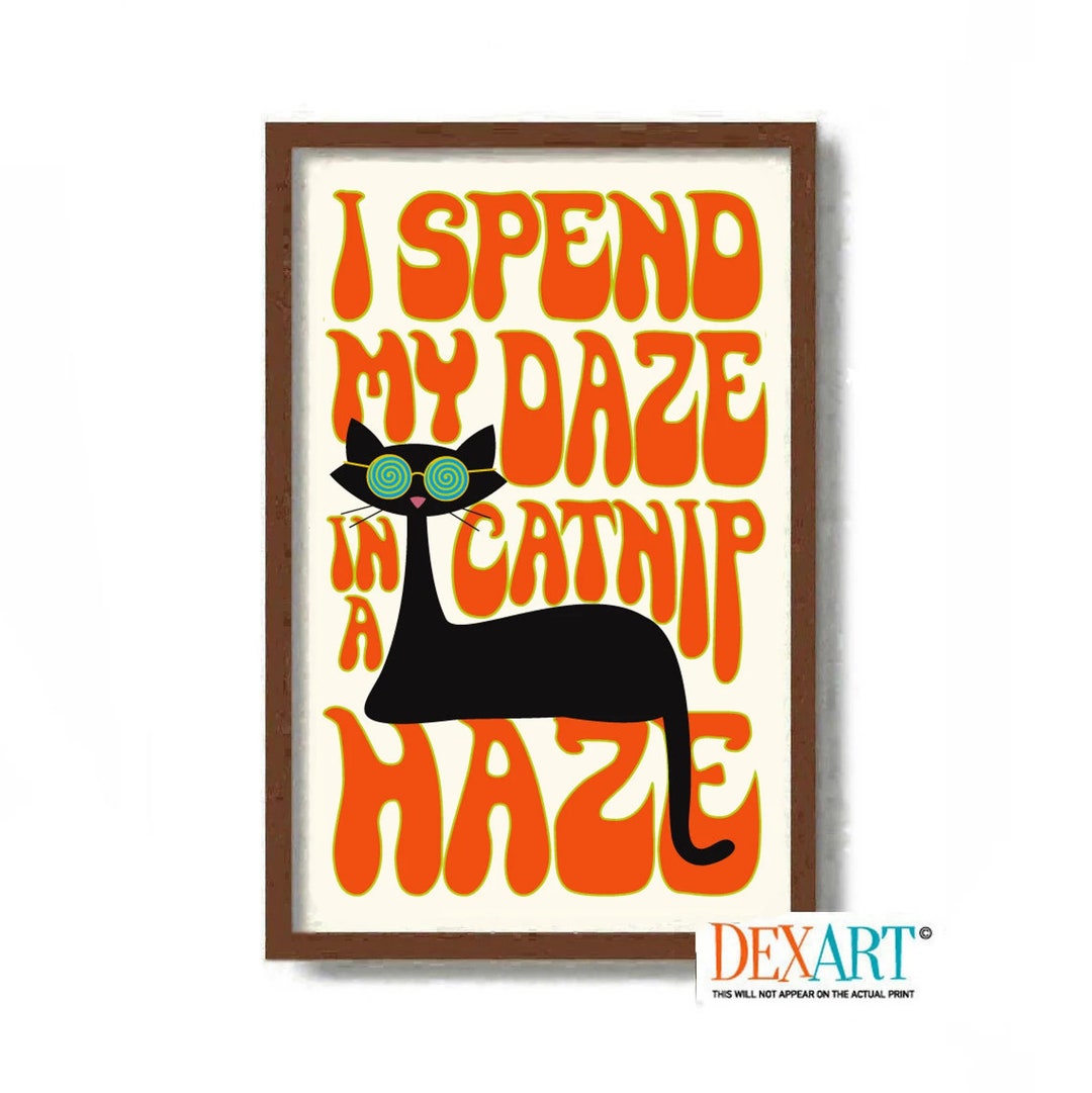 Catnip Plant, Mid Century Modern Cat Art Print, Hippie Decor, Black Cat ...