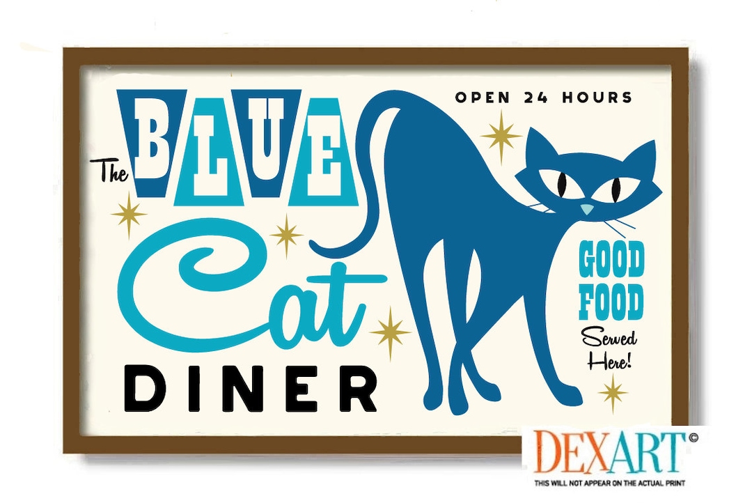 50s Cat Diner Sign, Mid Century Modern Kitchen Wall Art Print, Coffee ...