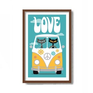 Mid Century Modern Cat Art Print, Hippie Van, RV Camper Bus, Trailer ...