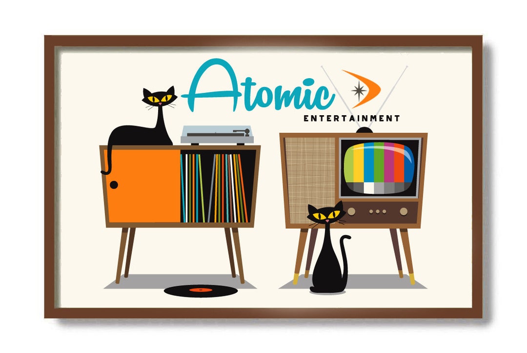 Mid Century Modern Wall Art Print, Cat Gifts, Record Player Console ...